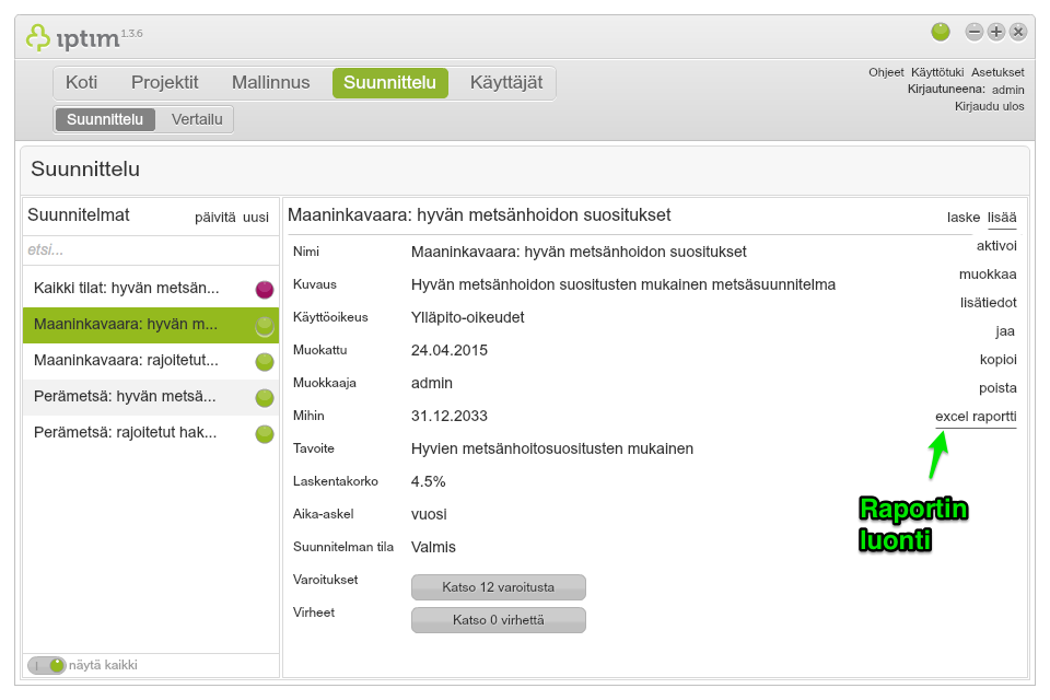 Suunnitelman raportointi – Tuki